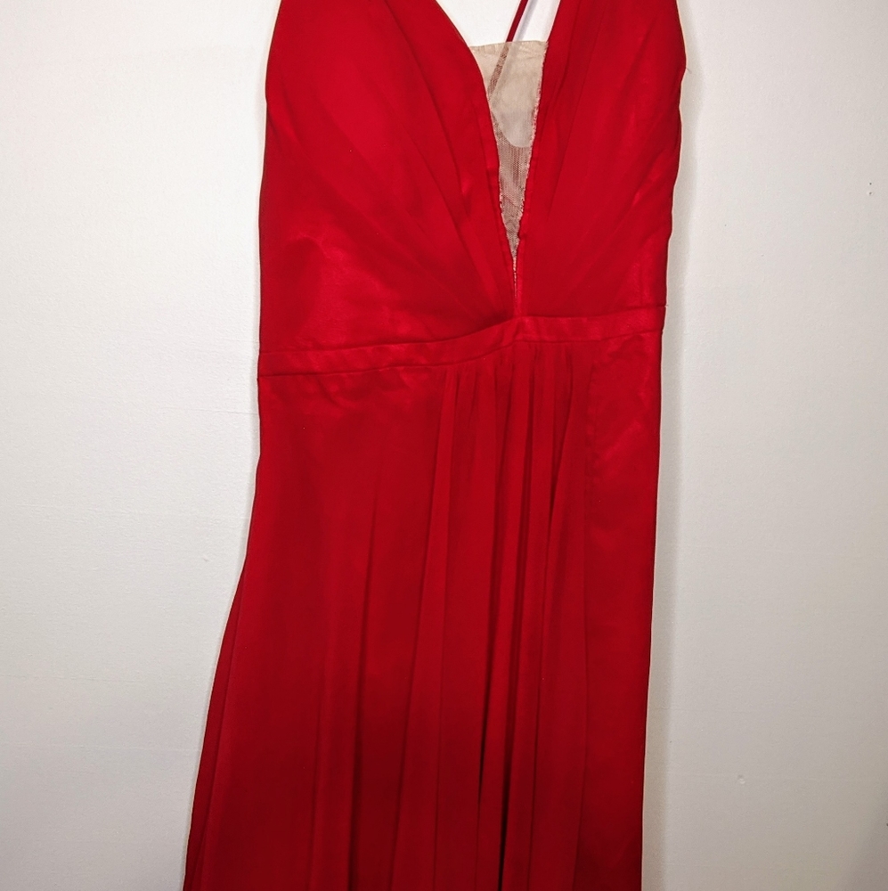 Red Prom Dress Deep V Mesh Panel Leg Slit - Gem